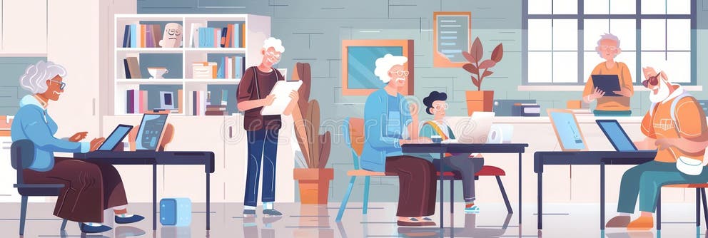 A Group of Elderly Individuals Participates in Technology Training at a ...