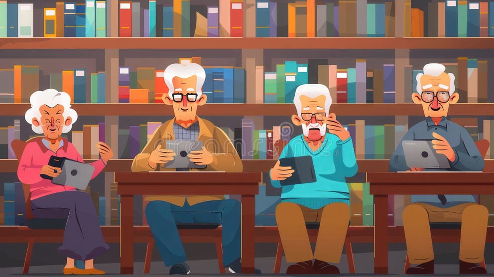 A Group of Elderly Individuals Sits at Tables, Using Tablets while ...