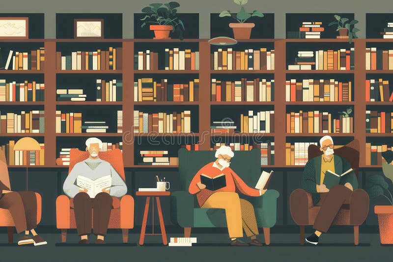 Elderly Individuals Engaged in Reading and Studying in a Cozy Library ...
