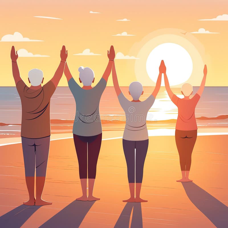 A Group of Elderly People are Doing Exercises at the Seashore at Sunset ...