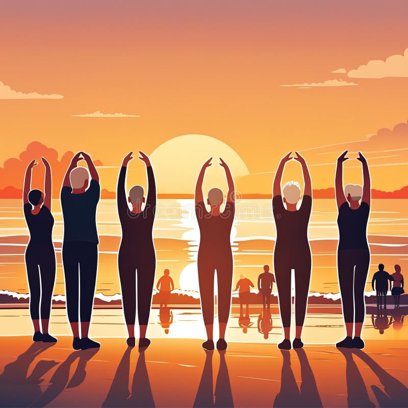 A Group of Elderly People are Doing Exercises at the Seashore at Sunset ...