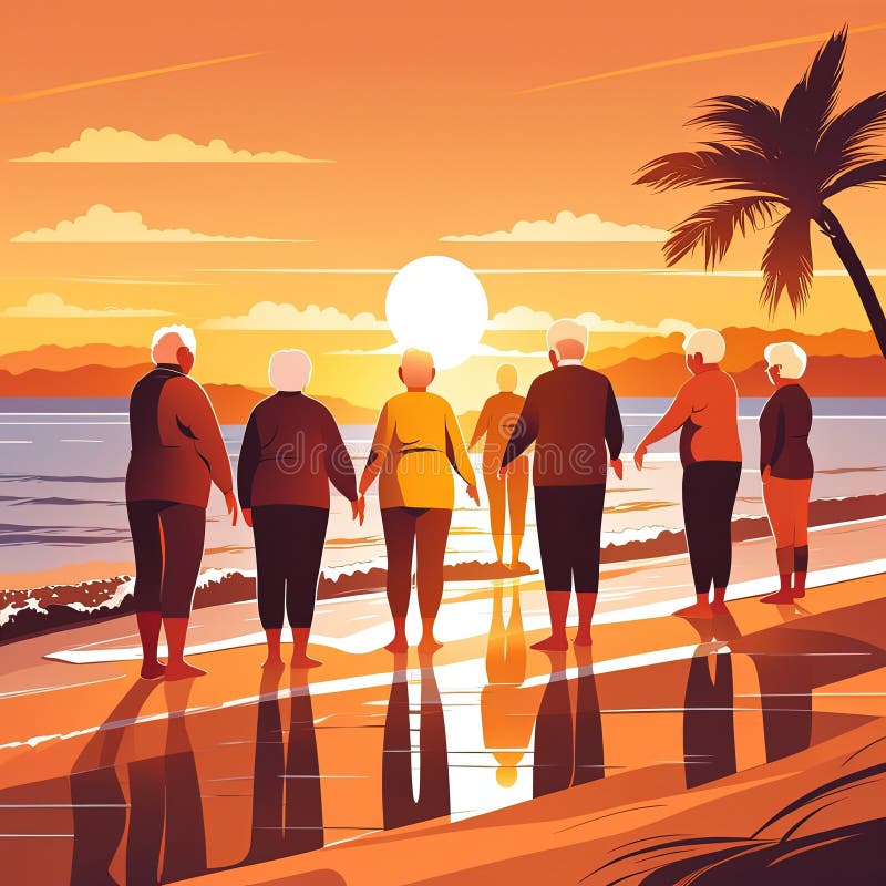 A Group of Elderly People are Doing Exercises at the Seashore at Sunset ...