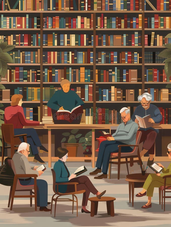 Elderly Individuals Engaged in Reading and Studying Books in a Vibrant ...