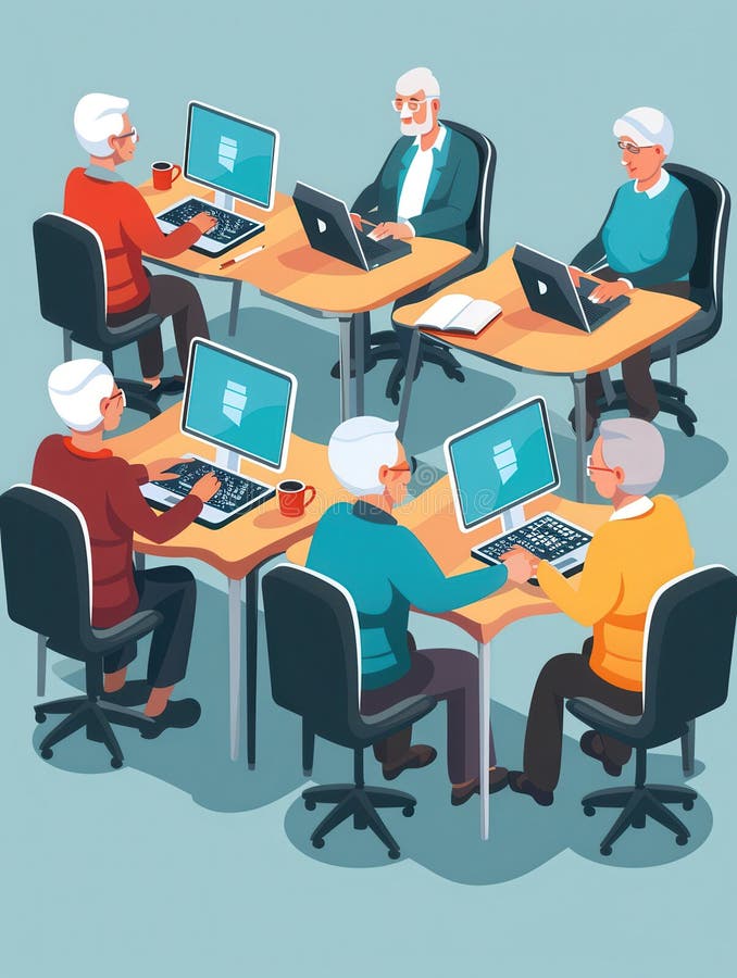 A Group of Elderly People is Learning Computer Skills, Focused on ...