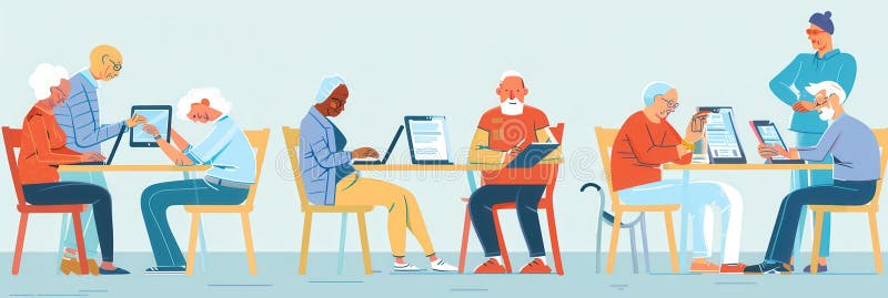 A Group of Elderly People Participates in a Technology Class at a ...