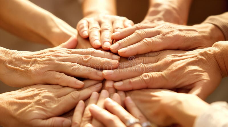 Group of Elderly People Placing Their Hands Together in a Unified Stack ...