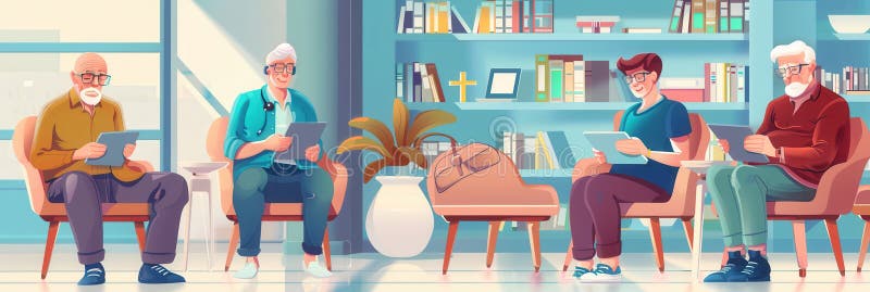 A Group of Elderly People are Seated, Reading from Tablets, in a Bright ...