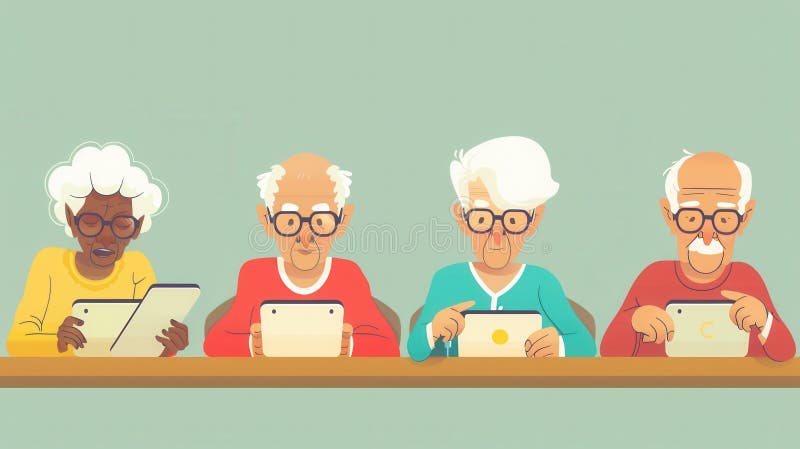 A Group of Elderly People Share a Light Moment Using Tablets while ...