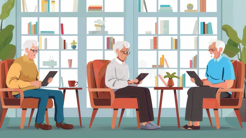 A Group of Elderly People Sits Comfortably in a Library, Using Tablets ...
