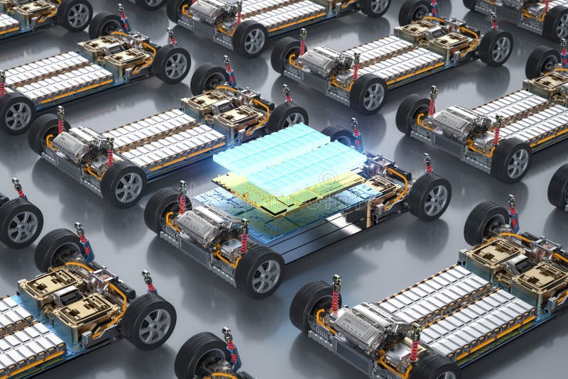 Group of Electric Cars with Pack of Battery Cells Module on Platform ...