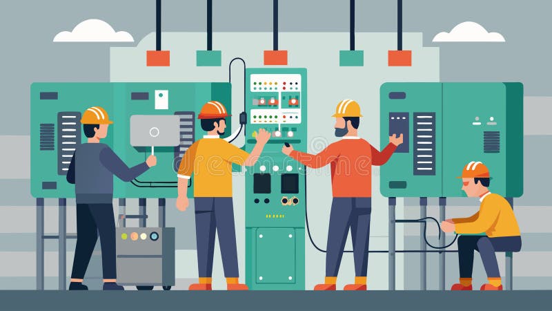 A Group of Electricians Installing a Complex Network of Switches and ...