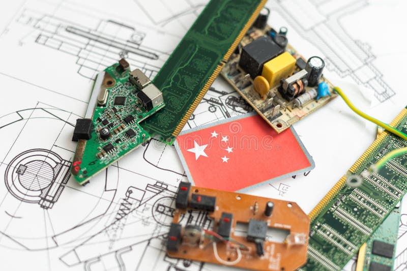 Group of Electronic Components with Schematics in the Background Stock ...
