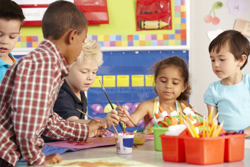 Group of Elementary Age Schoolchildren in Art Class Stock Image - Image ...