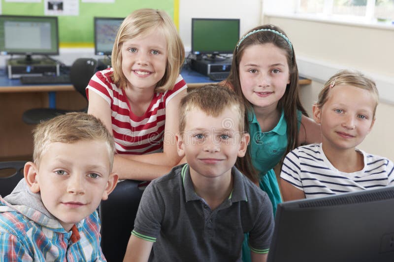 Group of Elementary Pupils in Computer Class Stock Image - Image of ...