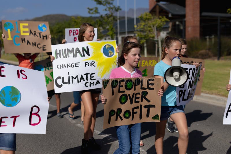 Group of Elementary School Pupils Walking on a Protest March Stock ...