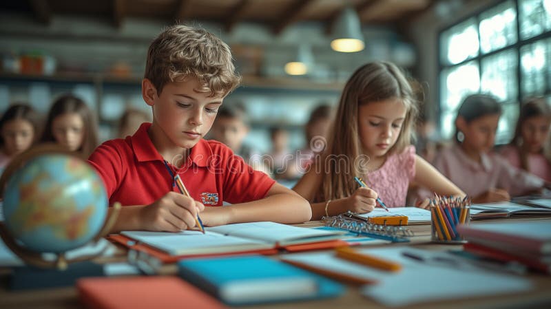 Elementary School Students Learning and Writing in Classroom Stock Image - Image of educational ...