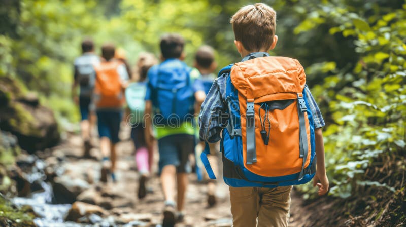 Group of Children Hiking in the Forest Wearing Backpacks Stock ...