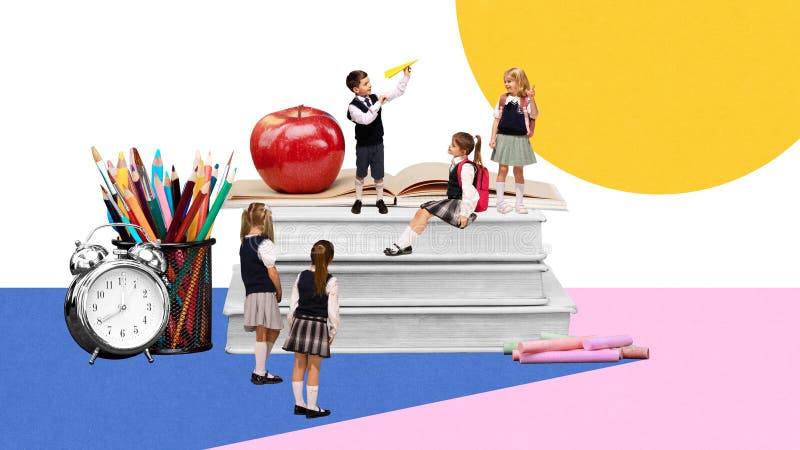 Group of Elementary School Students Playing with Big Books, Pencils ...