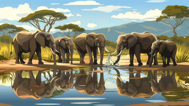 A Group of Elephants Enjoys Drinking from a Calm River Surrounded by ...