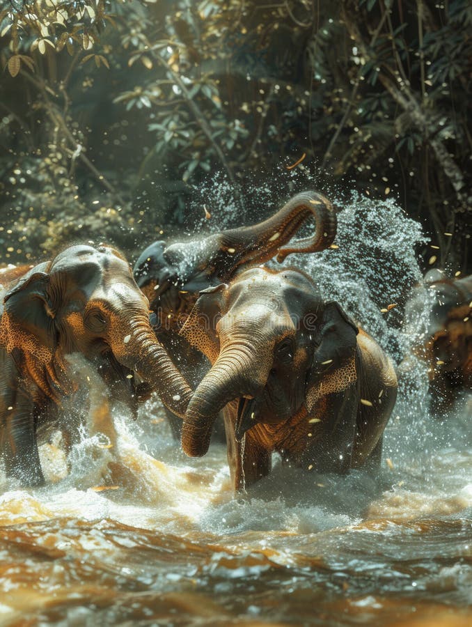A Group of Elephants Joyfully Bathe and Splash Water in a River ...