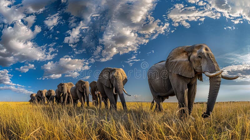 A Group of Elephants Standing in a Field with a Cloudy Sky in the ...