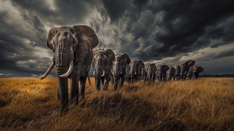 A Group of Elephants Standing in a Field with a Cloudy Sky in the ...