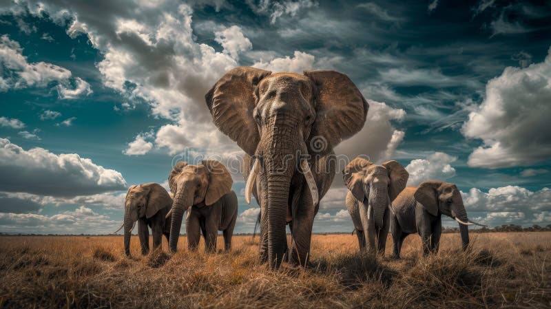 A Group of Elephants Standing in a Field with a Cloudy Sky in the ...