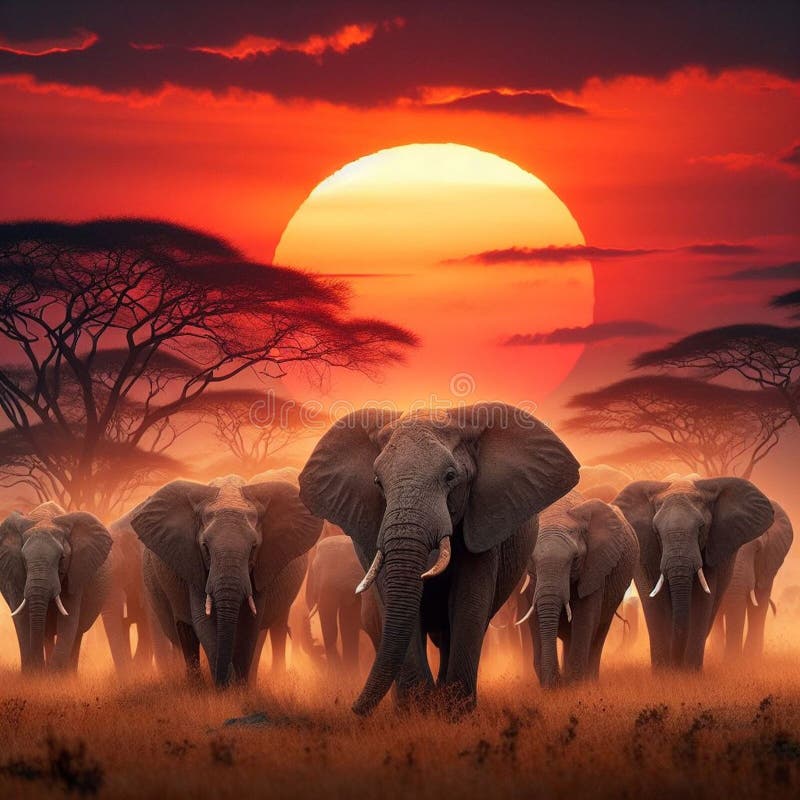 A Group of Elephants Walking in Front of the Sun Stock Illustration ...
