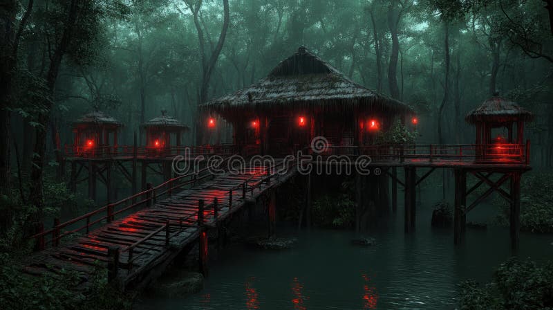 A Group of Elevated Wooden Huts with Glowing Red Lanterns in a Misty ...