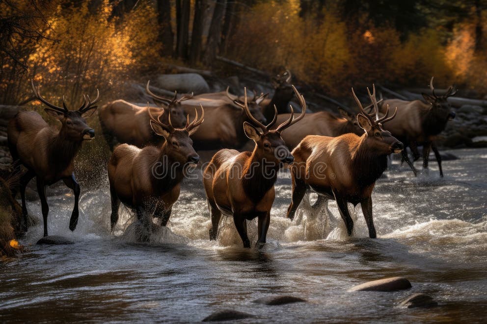 Group of Elk Crossing a Mountain Stream. Generative AI Stock ...