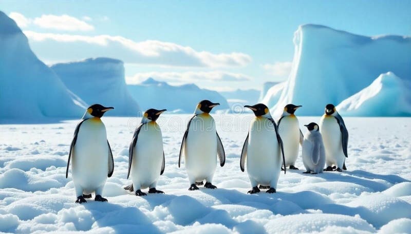 A Group of Emperor Penguins Standing on an Icy Landscape with Large ...