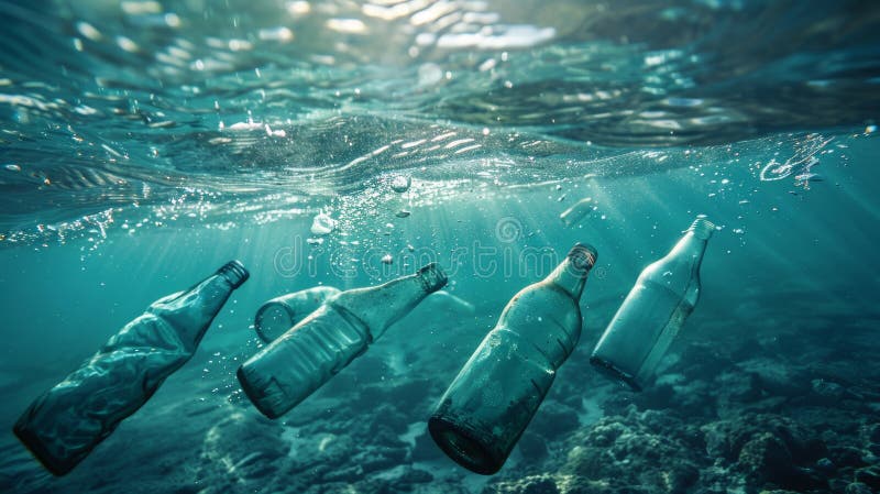 Group of Empty Bottles Floating in the Tranquil Ocean Waters, Seaside ...