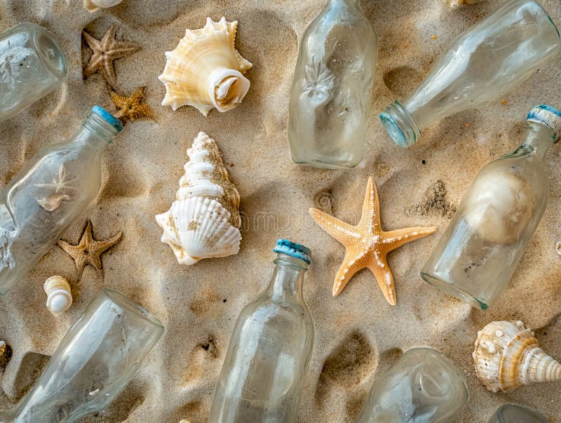 A Group of Empty Glass Bottles and Shells on the Sand Stock Photo ...