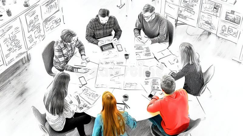 Team Collaborates Around Round Table Devices Brainstorming Session ...