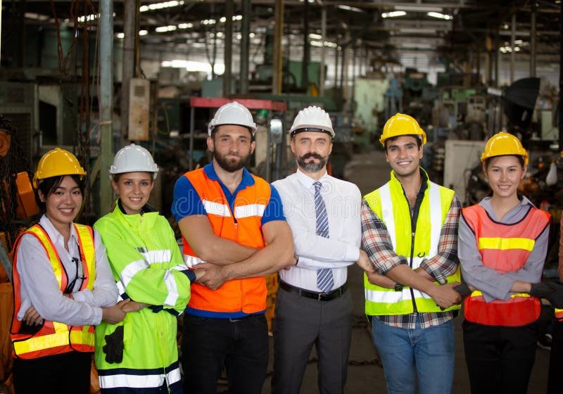 Group of Engineer Manager and Factory Workers Team Standing Against ...