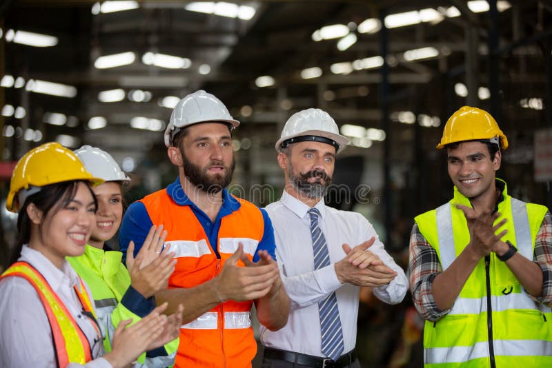 Group of Engineer Manager and Factory Workers Team Standing Against ...