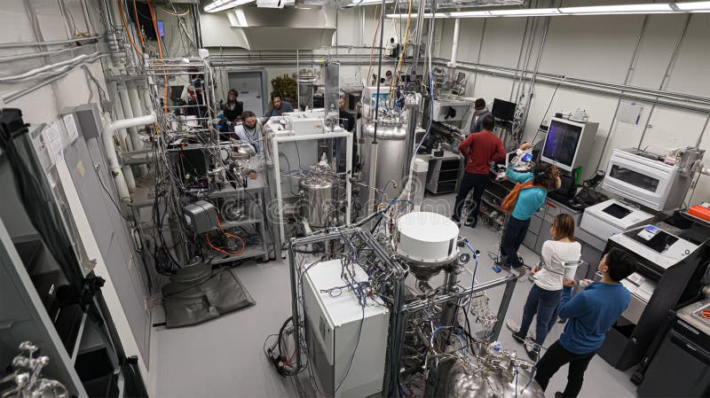 Group of Engineer Students University Looking in Machine in Laboratory ...