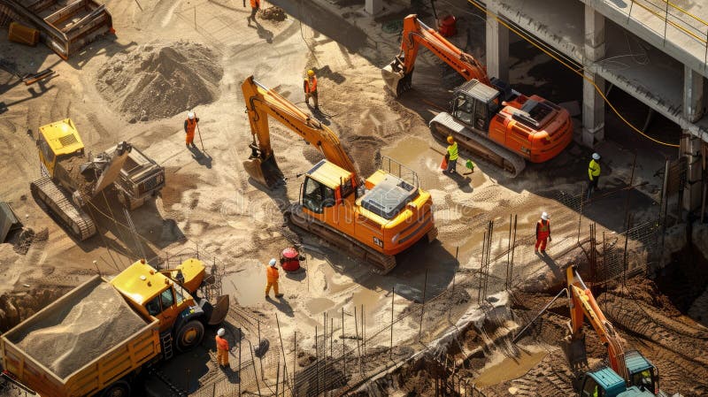 Group Engineer Team with Excavator, Technology To Build Safe Structure. AIG53. Stock Photo ...
