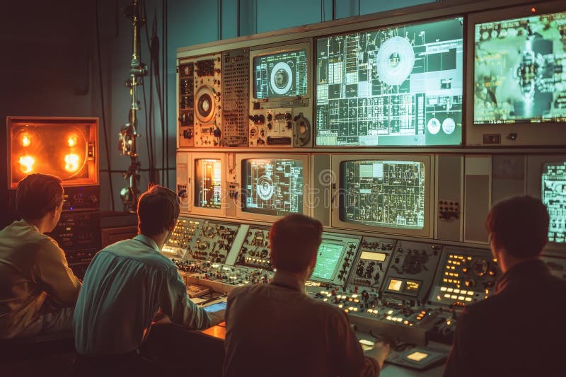 A Group of Engineers Collaborates in a Vintage Control Room Surrounded ...