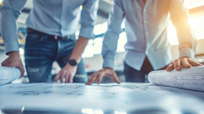 Group of Engineers Discussing Blueprints and Planning the Design Stock ...