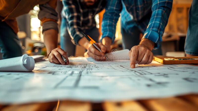 Group of Engineers Discussing Blueprints and Planning the Design Stock ...