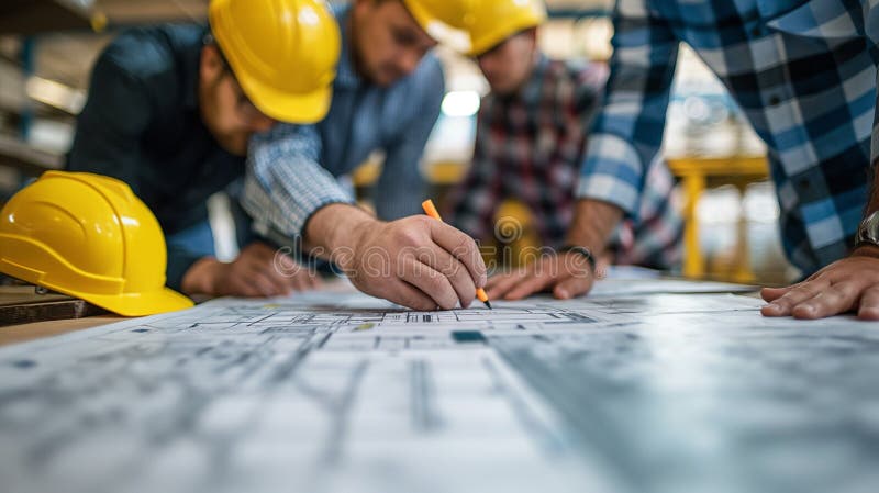 Group of Engineers Discussing Blueprints and Planning the Design Stock ...