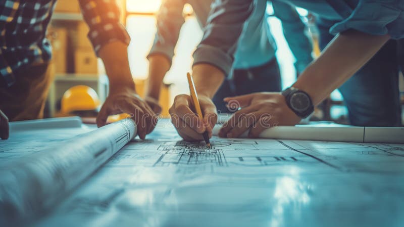 Group of Engineers Discussing Blueprints and Planning the Design Stock ...