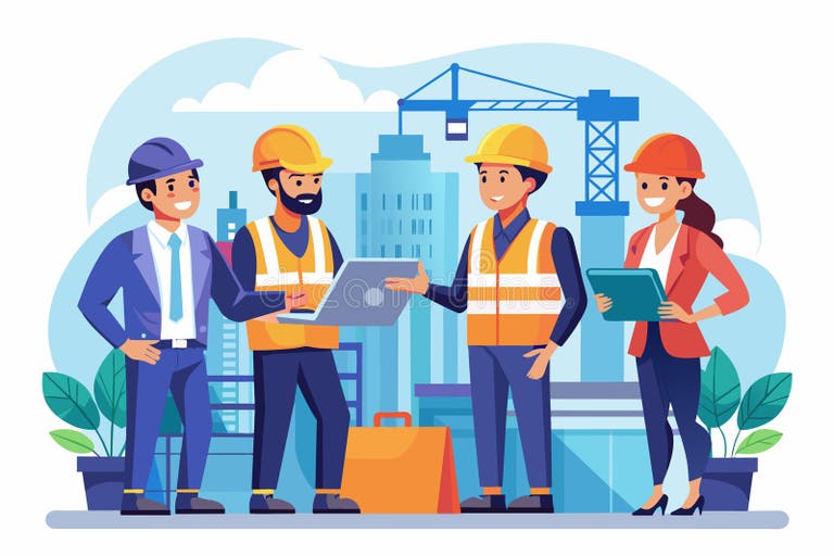 A Group of Engineers Evaluates Construction Challenges while Discussing ...