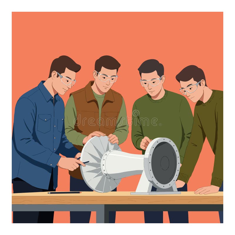 Group of Engineers Examining Turbine Prototype in Workshop with Orange ...