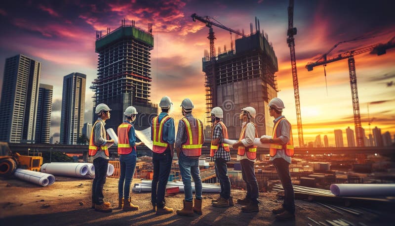Engineers Oversee the Construction of a High Rise Building, at Sunset ...