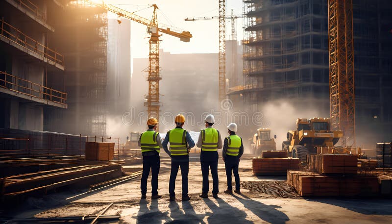 A Group of Engineers Observe the Construction Site at Sunrise, Planning ...