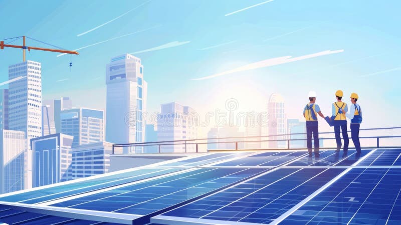 A Group of Engineers are Standing on a Rooftop Installing a Brand New ...