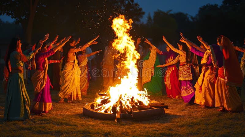 Group Enjoying Traditional Dances Around a Lohri Bonfire. Digital Stock ...