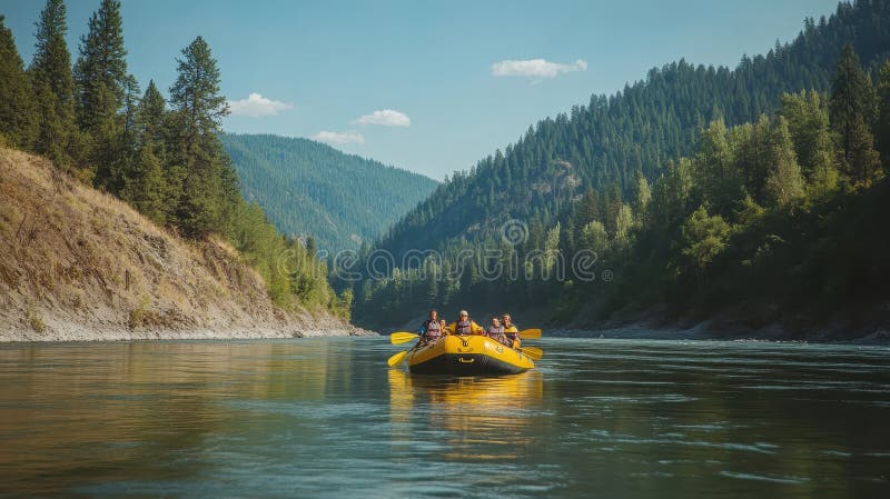 A Group Enjoys Rafting on a Calm River Surrounded by Lush Mountains and ...